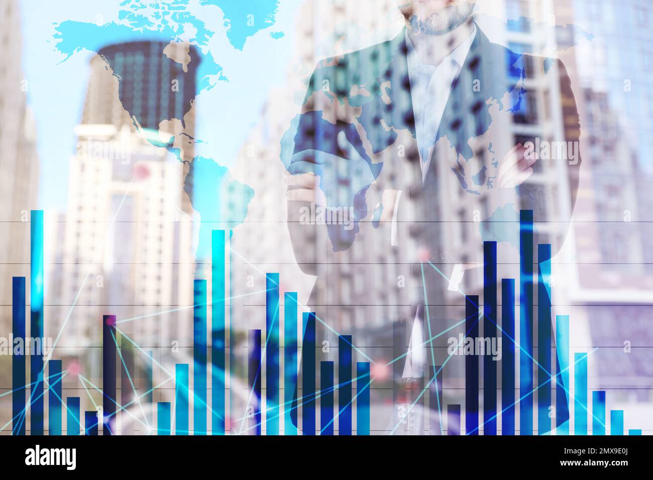 Forex trading. Charts with world map against man and night city on ...