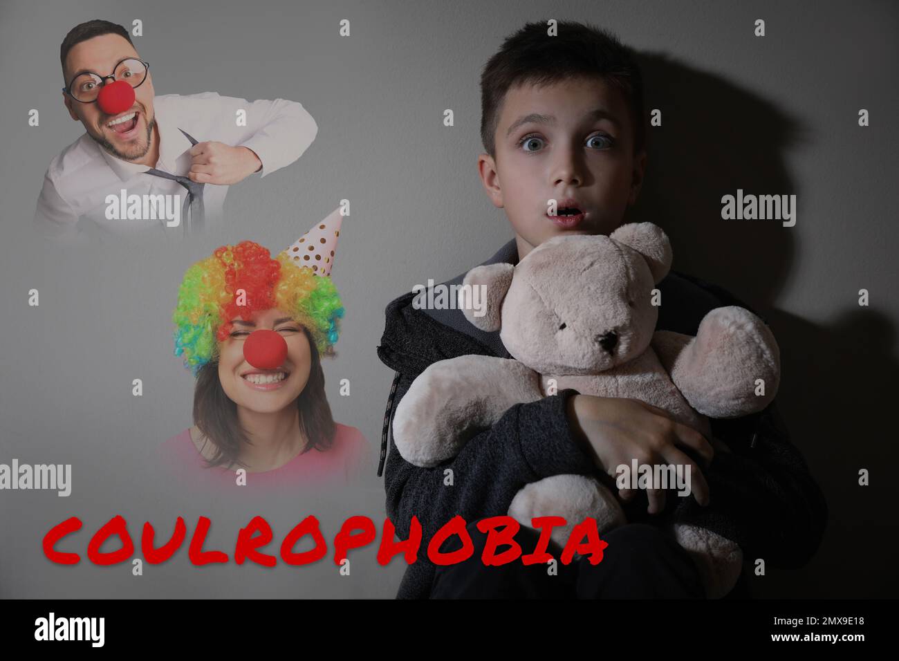 Coulrophobia concept. Scared little boy with teddy bear and phantom of ...