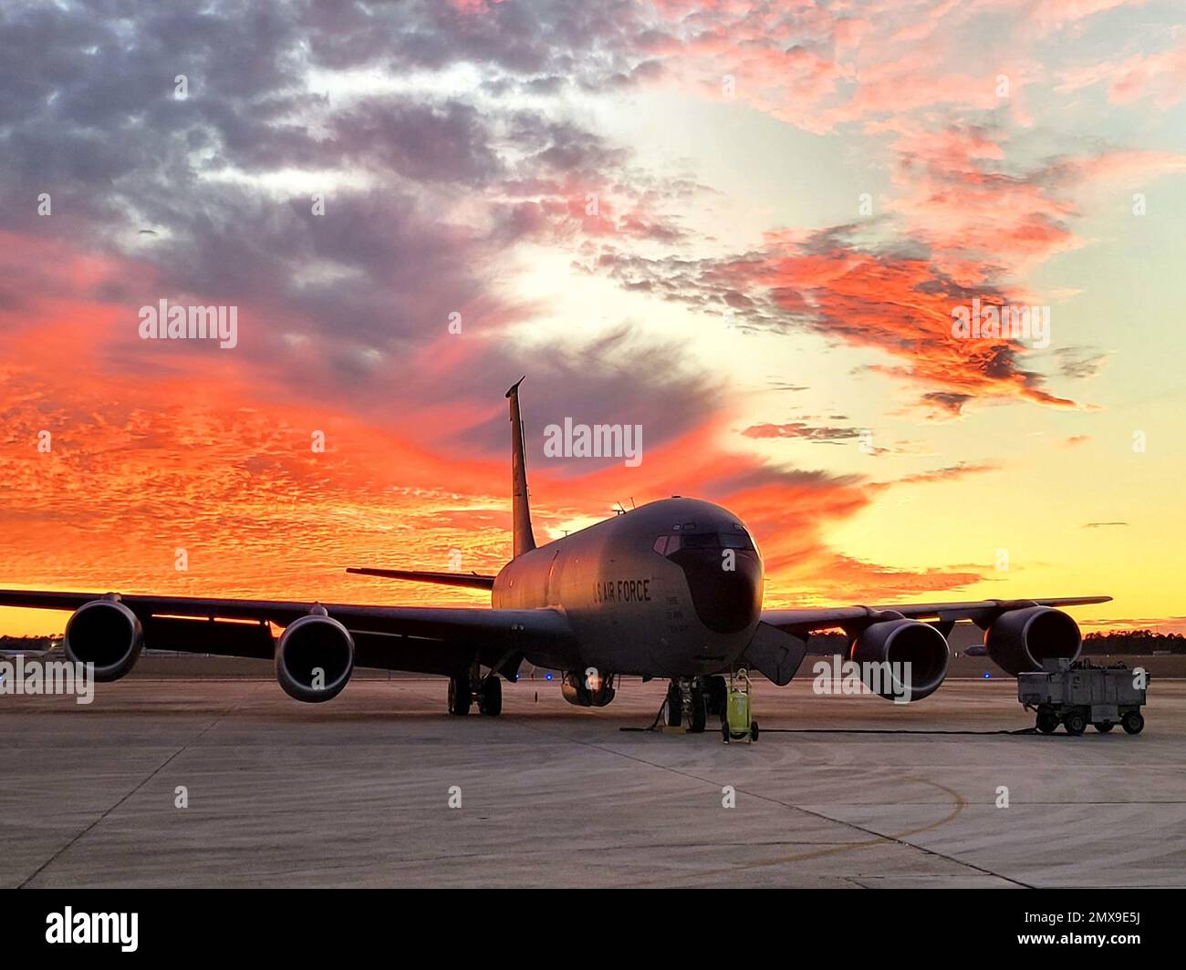 A KC-135 Stratotanker sits on the flight line at Robins Air Force Base ...