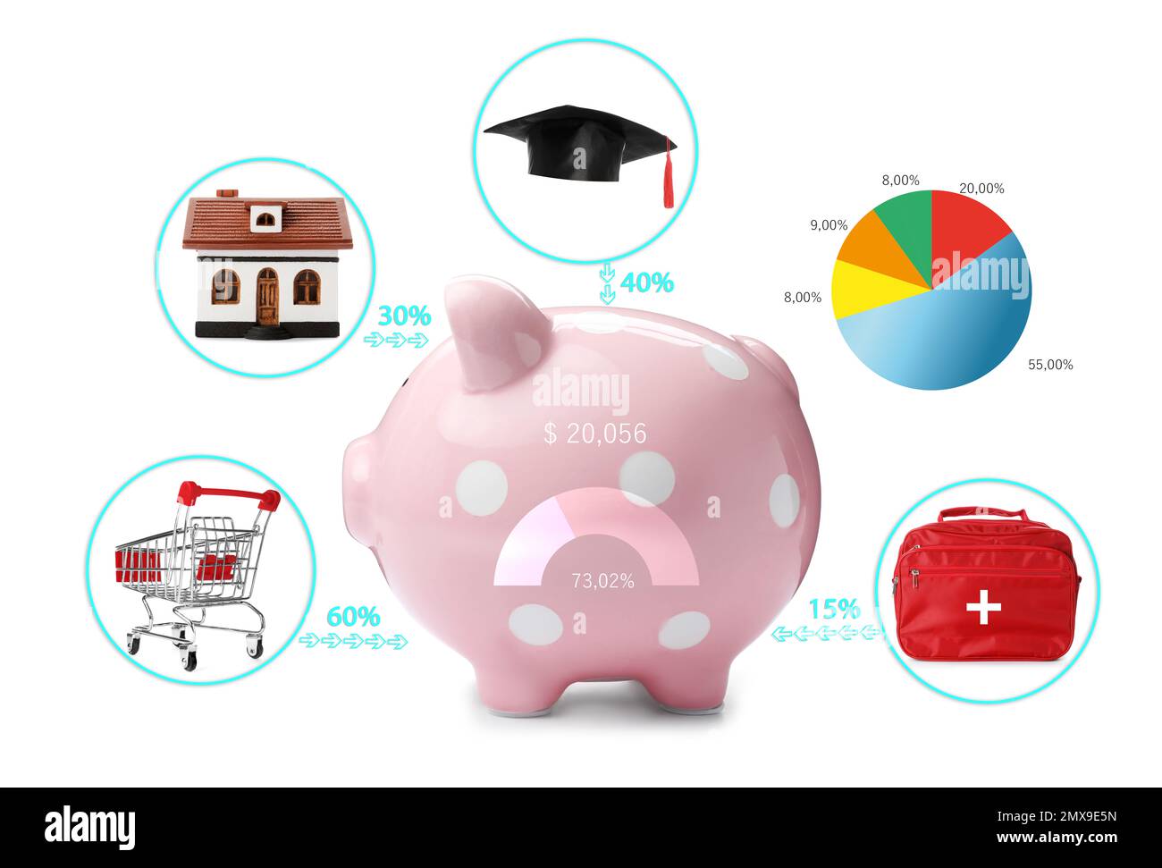 Budget planning. Piggy bank with chart and different expenses Stock ...