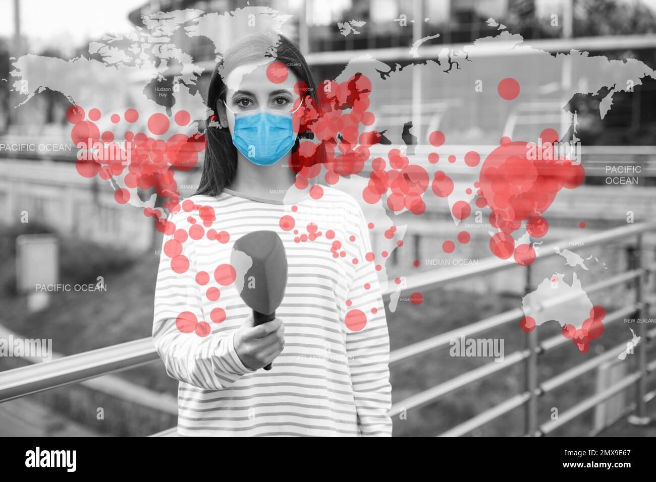 Journalist with medical mask presenting news during coronavirus ...