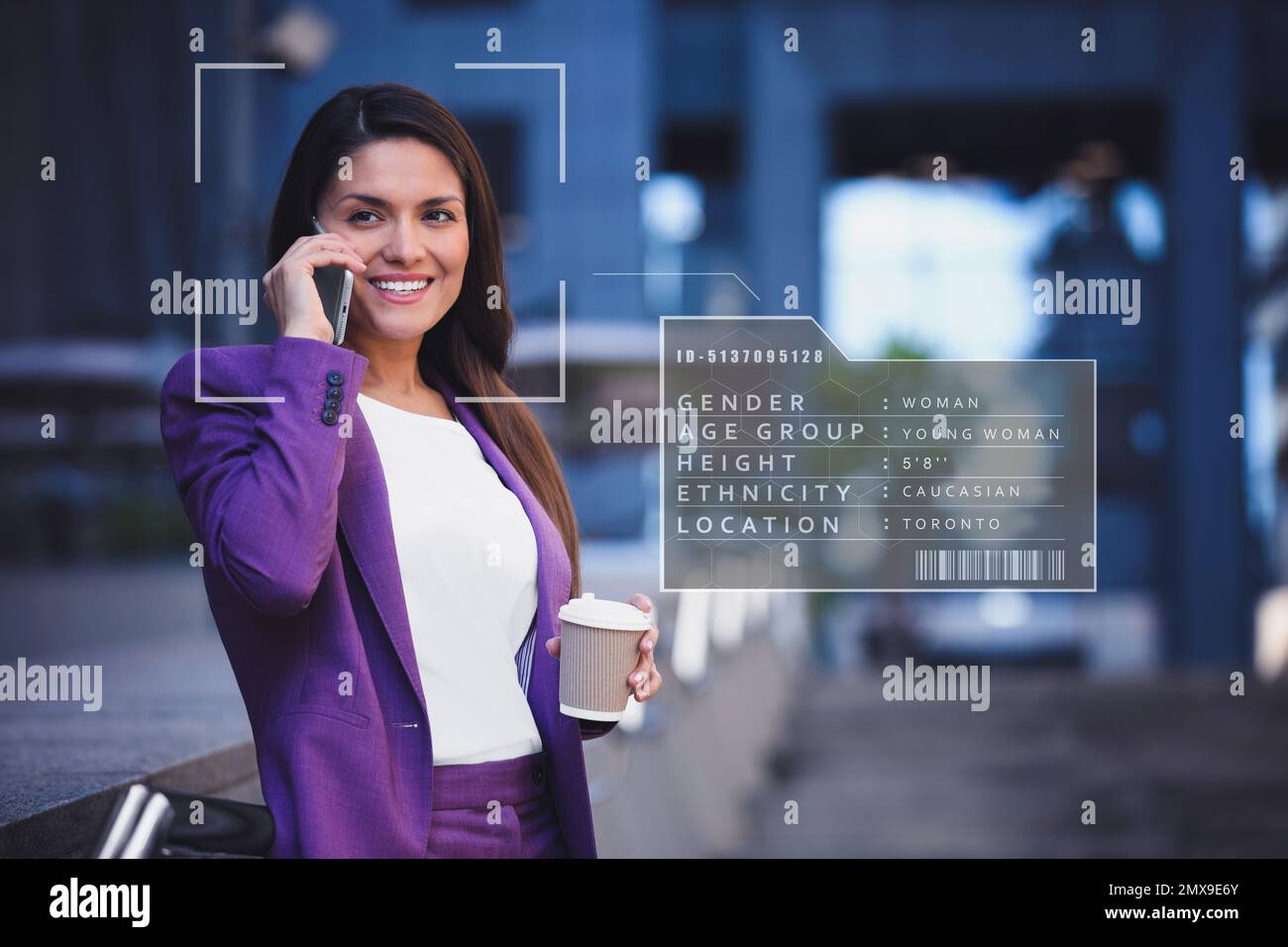 People search by facial recognition. Woman outdoors with scanner frame ...