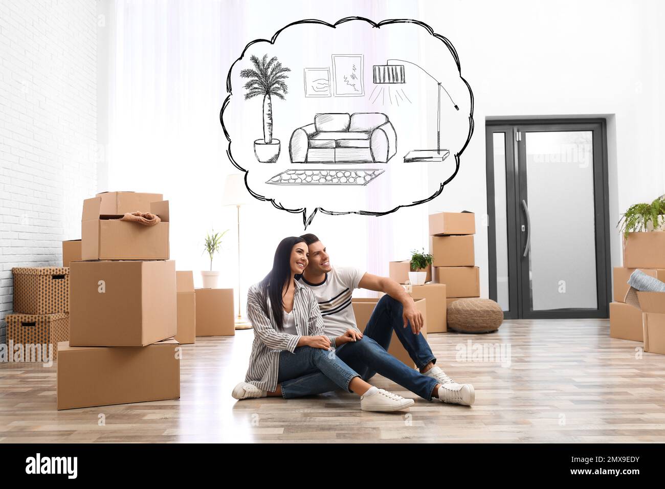 Moving to new house. Happy couple imagining living room arrangement ...