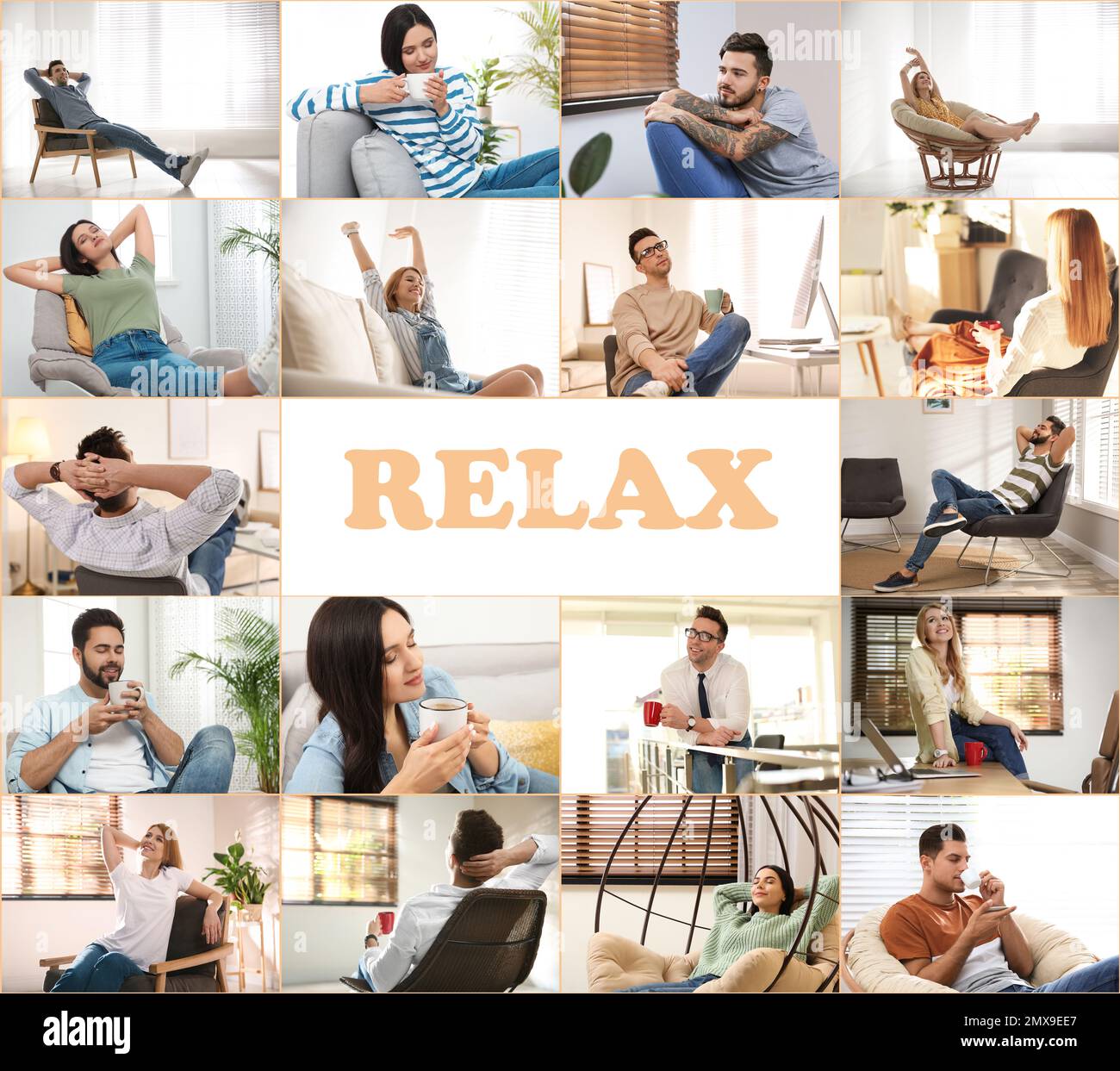 Collage of different people resting indoors and word Relax Stock Photo ...