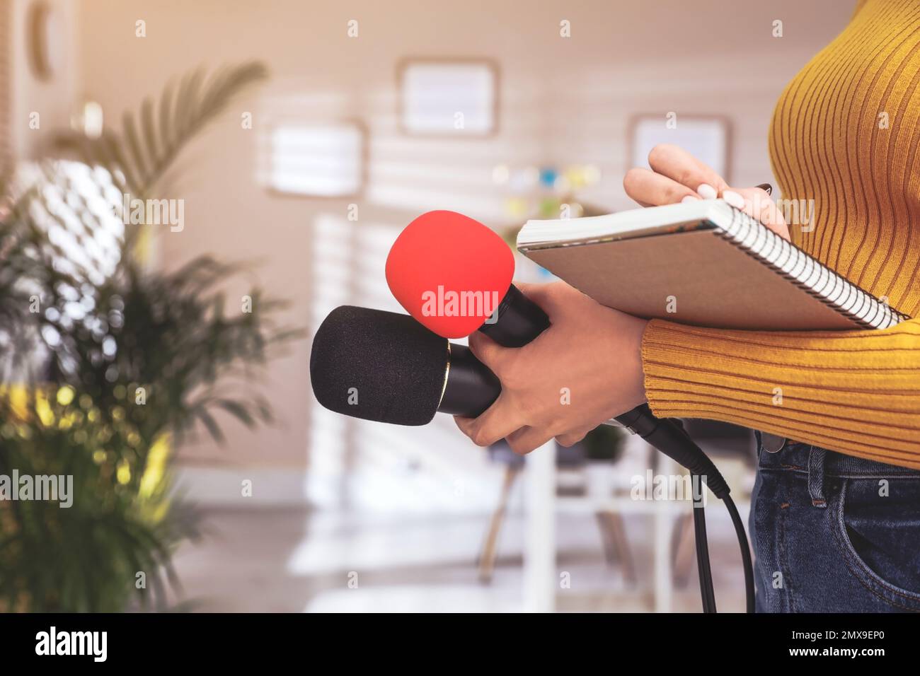 Professional journalist with microphones taking notes indoors, closeup ...