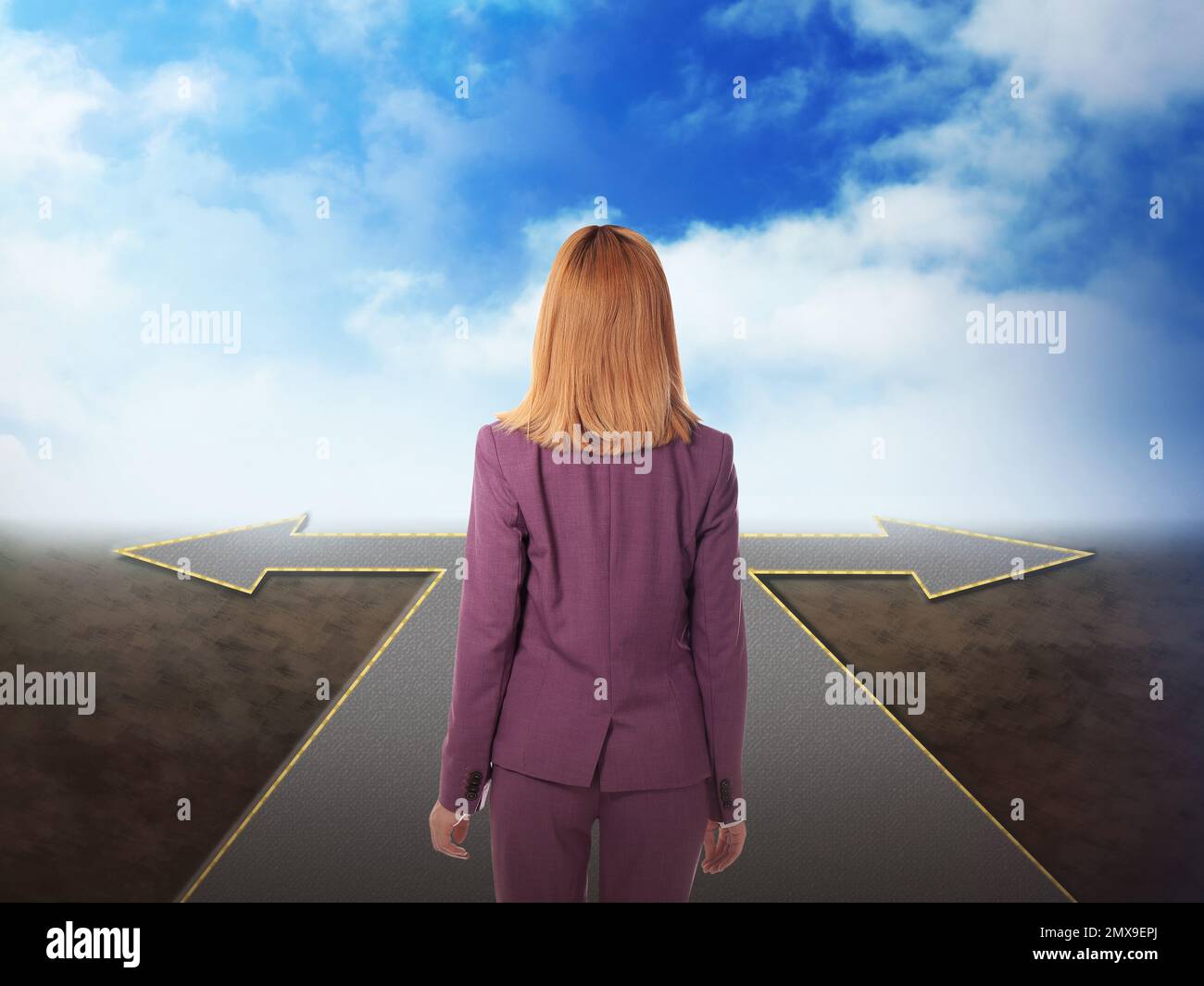Choose your way. Woman standing at crossroads taking important decision ...
