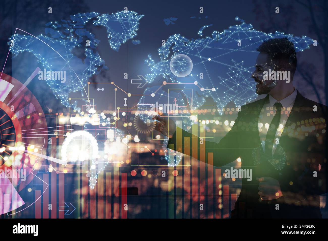 Forex trading. World map with charts against double exposure of man and ...