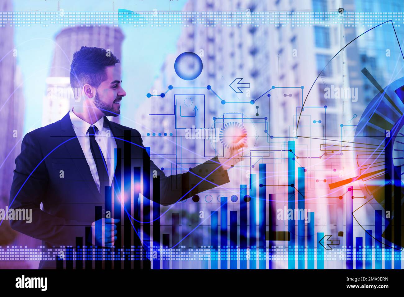 Forex trading. Charts with schemes against man and city on background ...