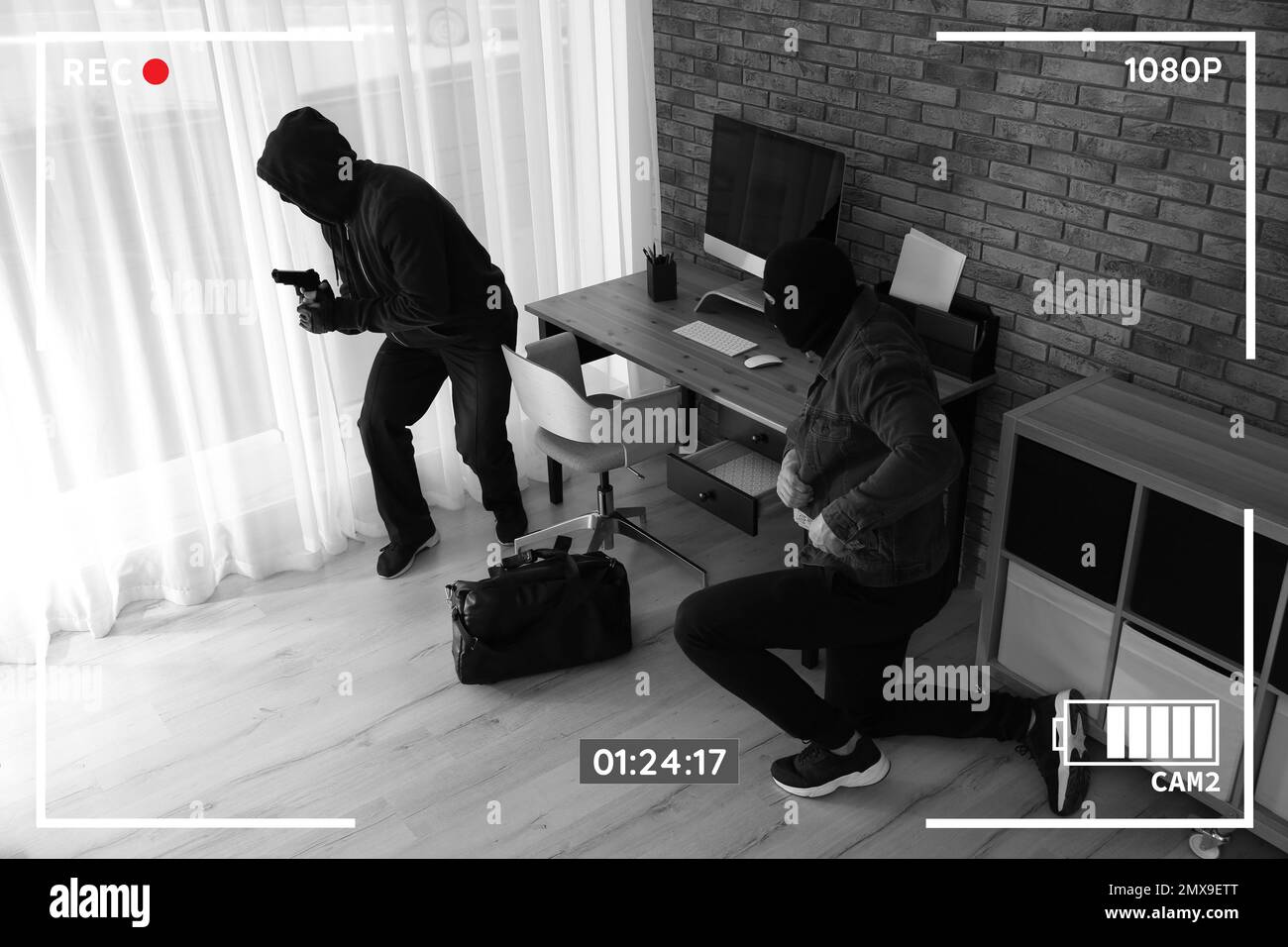 Dangerous masked criminals with weapon stealing money from house, view ...