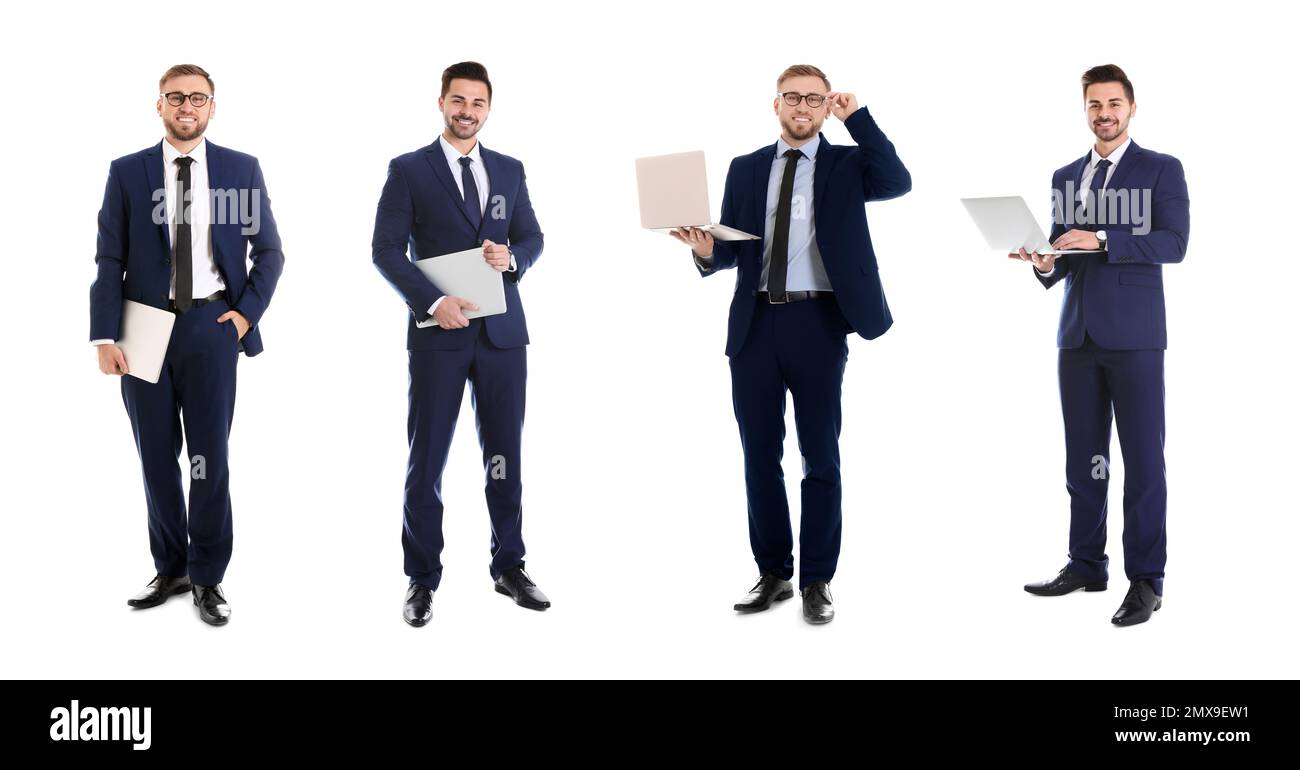 Collage of young men with laptops on white background. Banner design ...