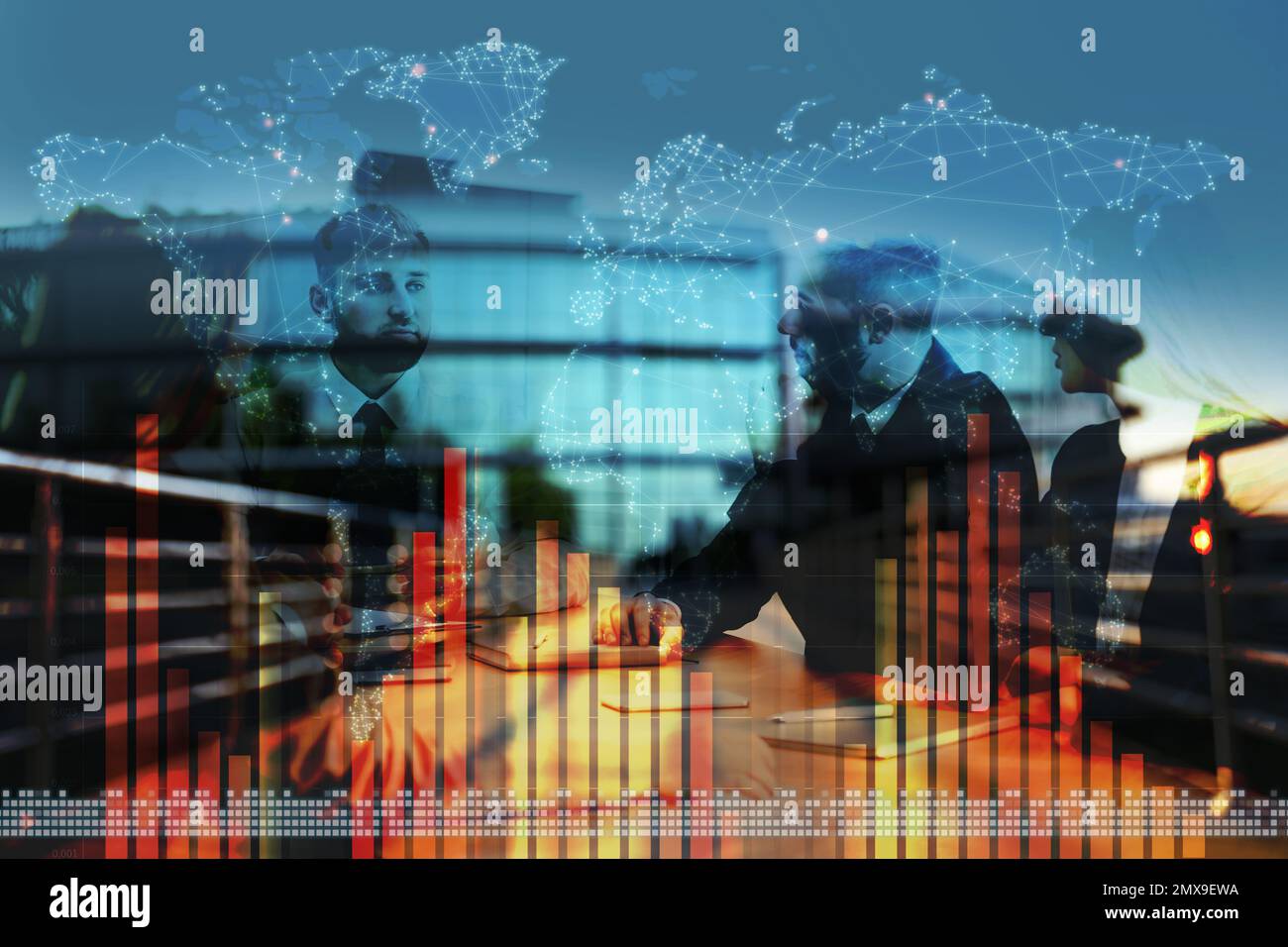 Forex trading. Charts with world map against people and building on ...