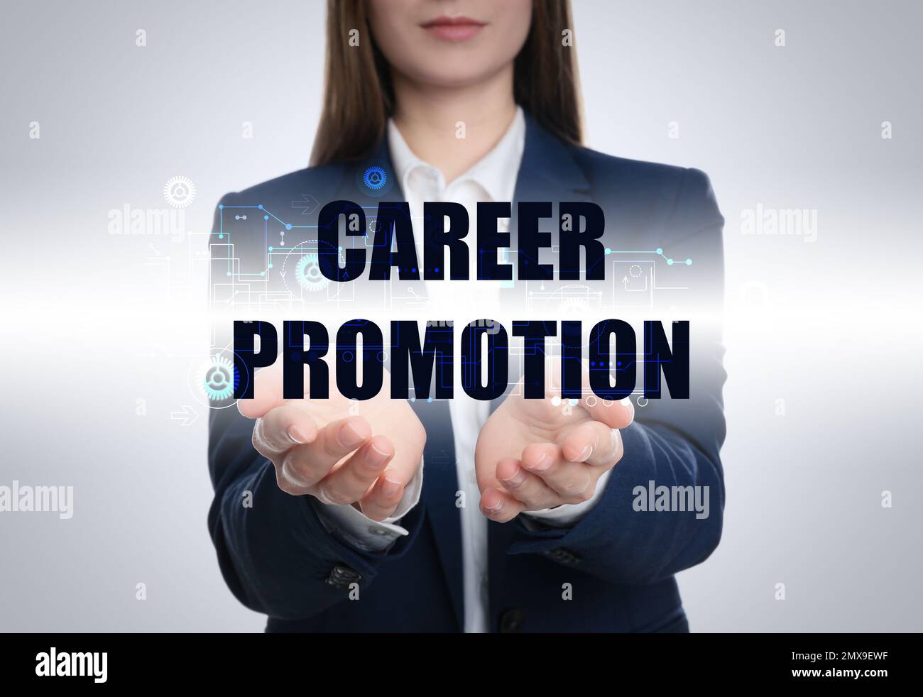 Career promotion concept. Woman on light background, closeup Stock ...