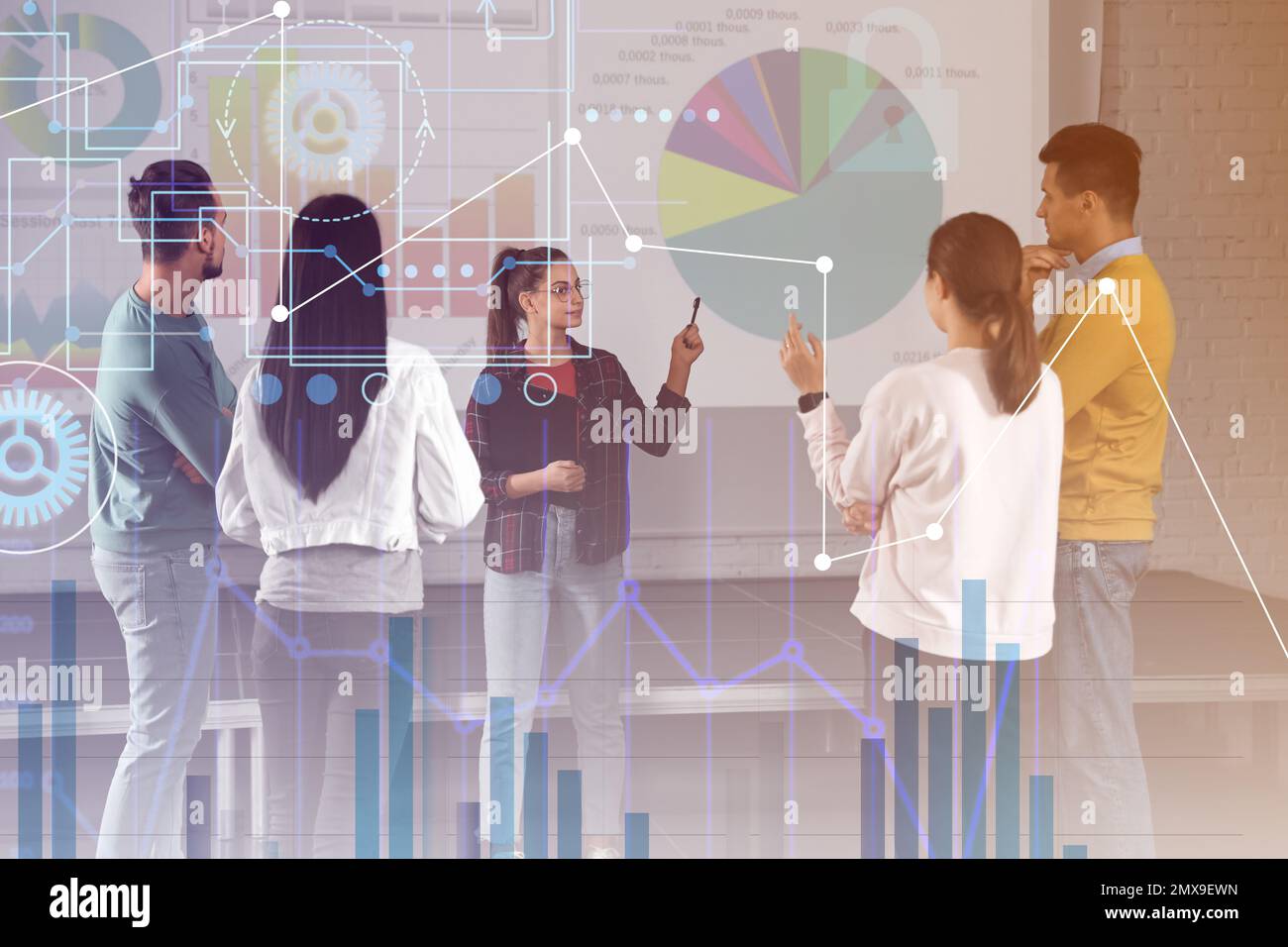 Business trainer giving lecture using video projector in conference ...