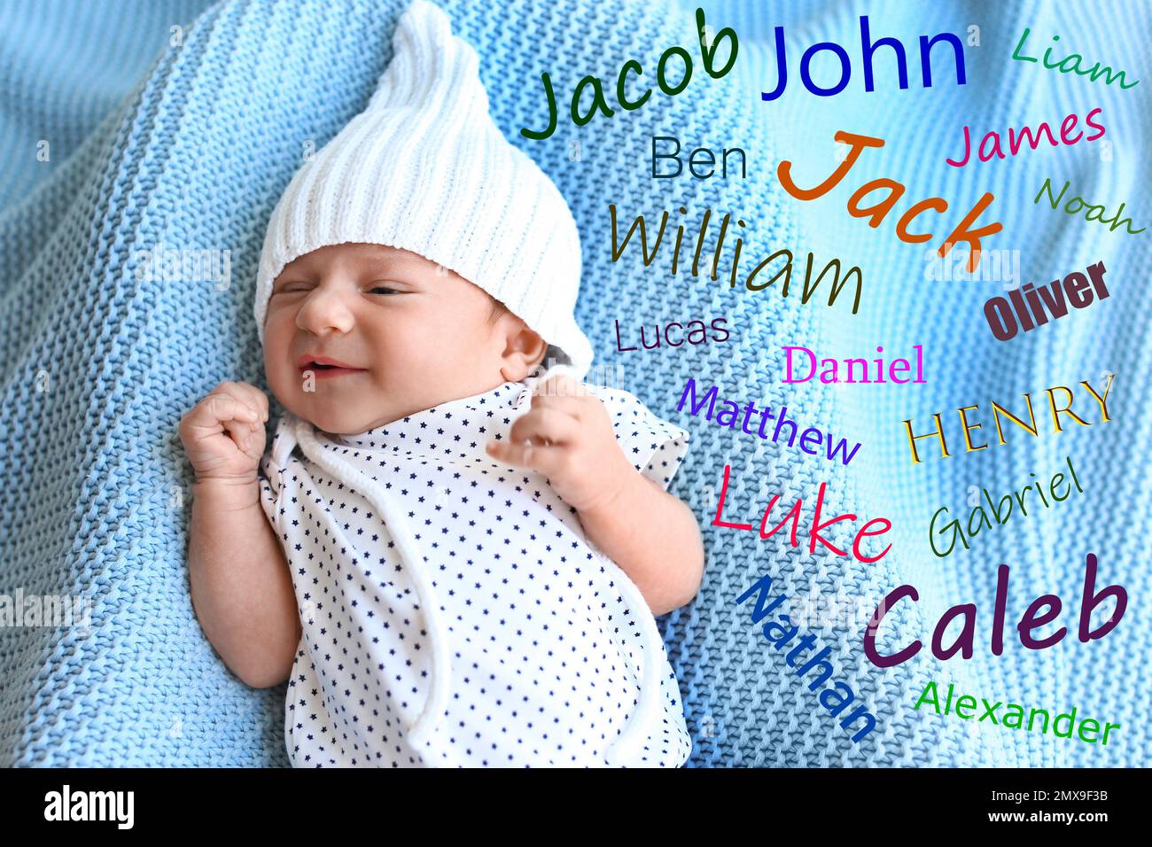 Choosing name for baby boy. Adorable newborn on blue blanket, view from ...