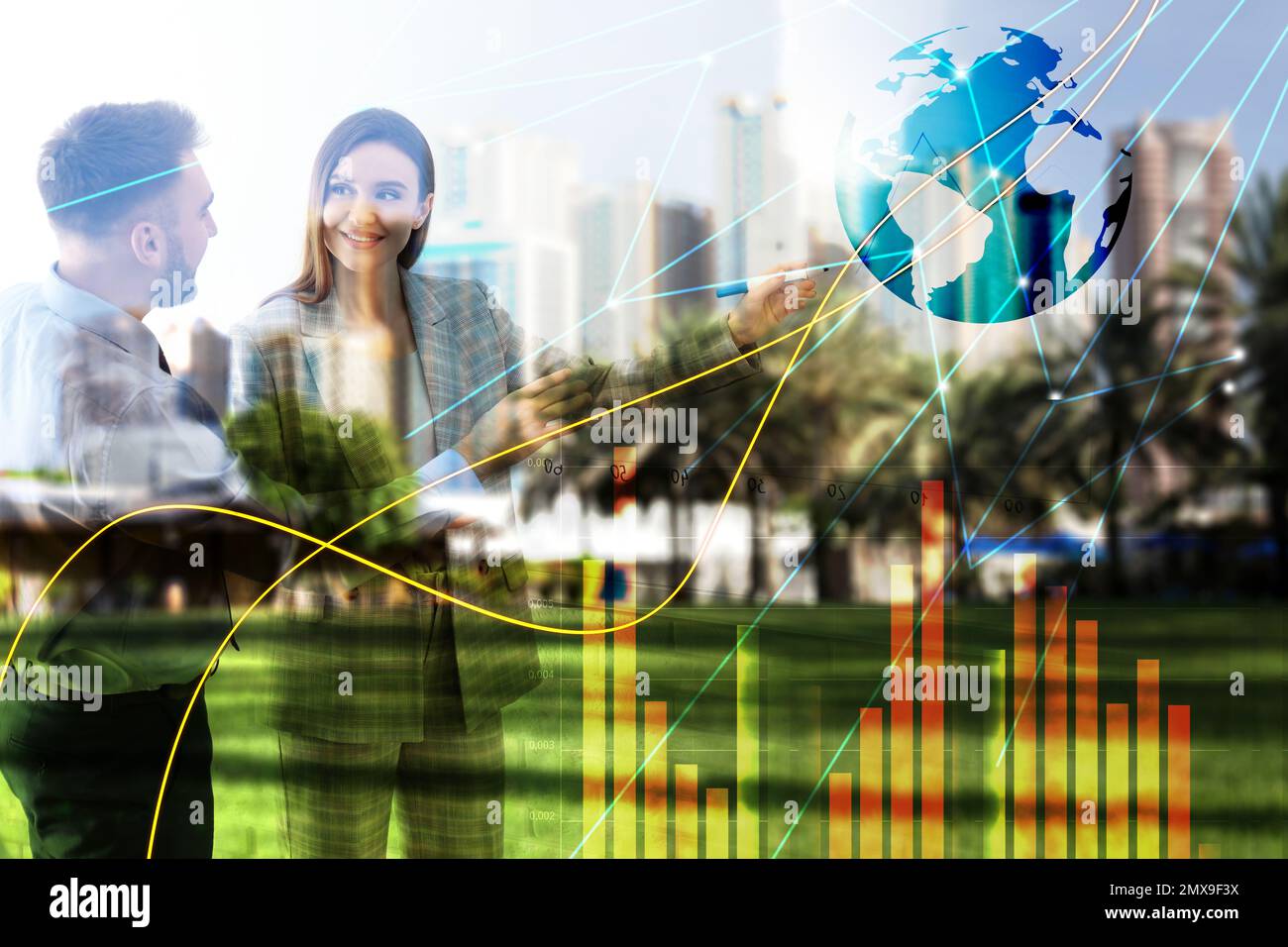 Forex trading. Charts with world globe against double exposure of ...