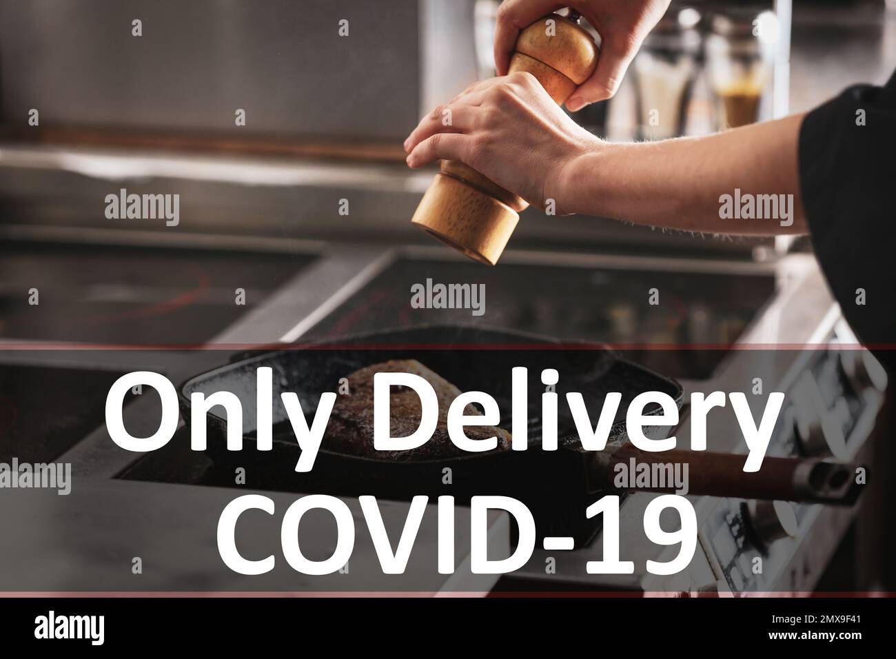 Chef cooking meat on stove in restaurant kitchen, closeup. Online food ...