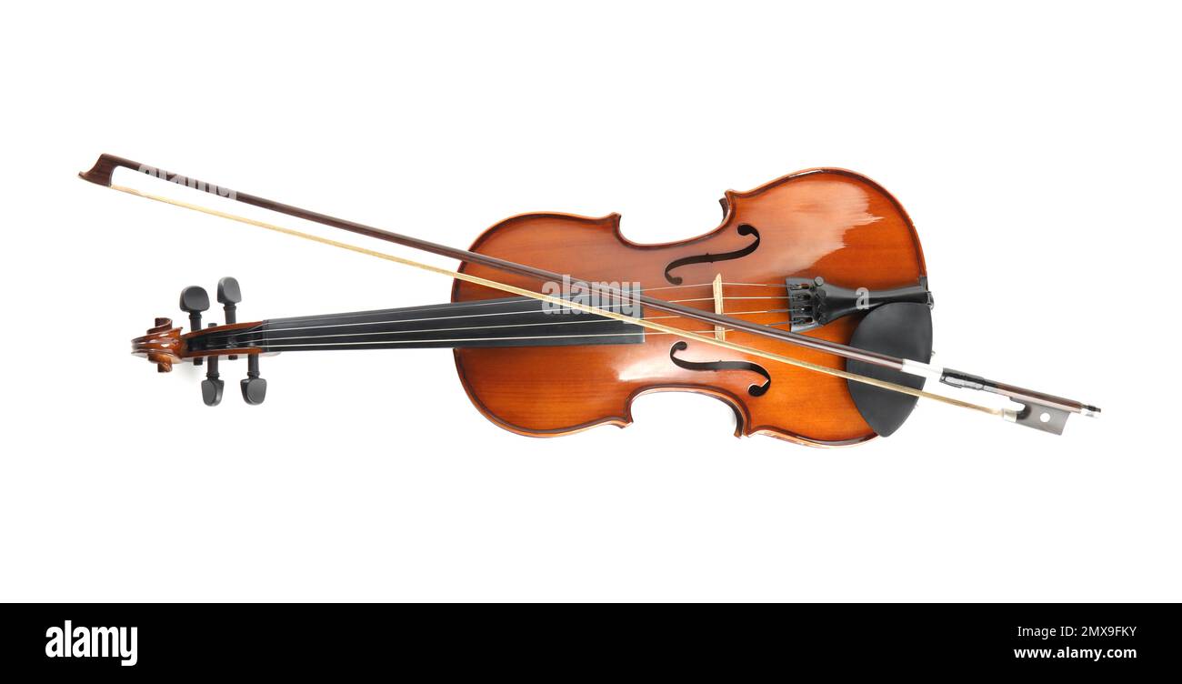 Beautiful classic violin and bow on white background, top view. Musical ...