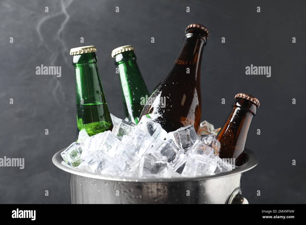 Metal bucket with bottles of beer and ice cubes on grey background ...