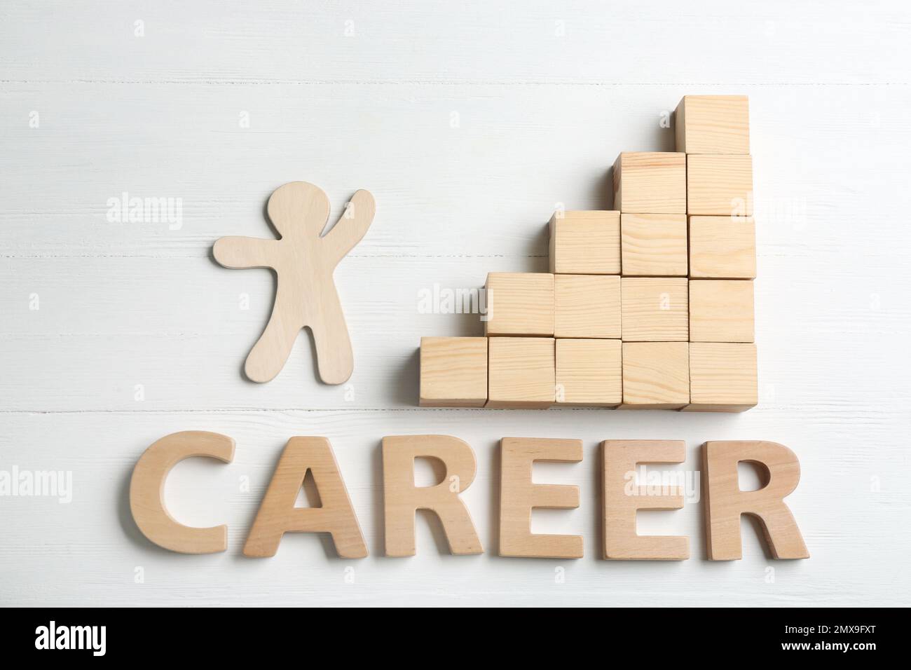 Human figure, stairs made of blocks and word CAREER on white wooden ...