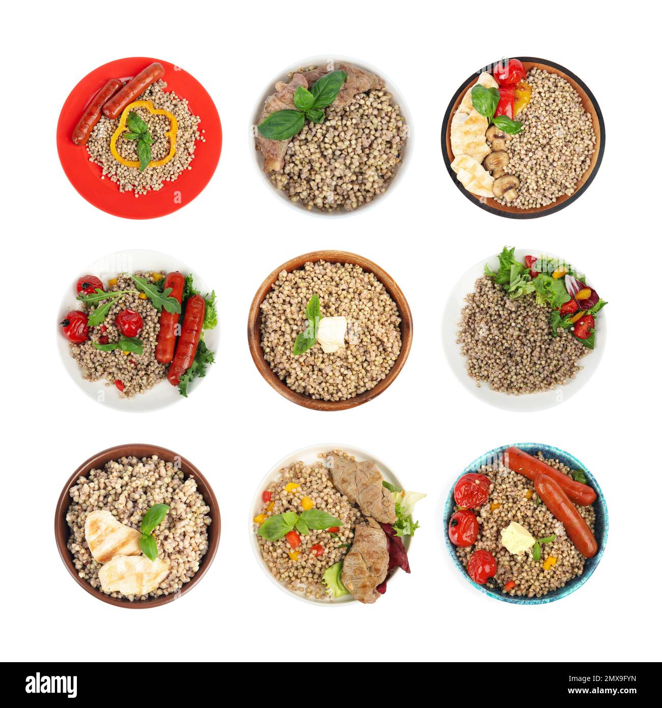 Set of tasty buckwheat porridge with different ingredients on white ...