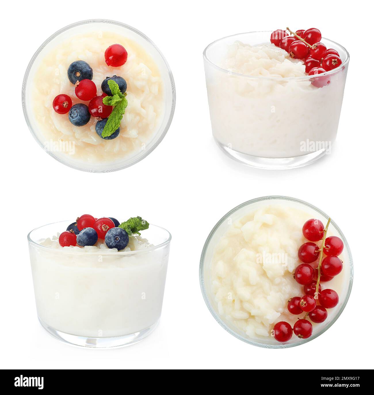 Set of different delicious rice puddings on white background Stock ...