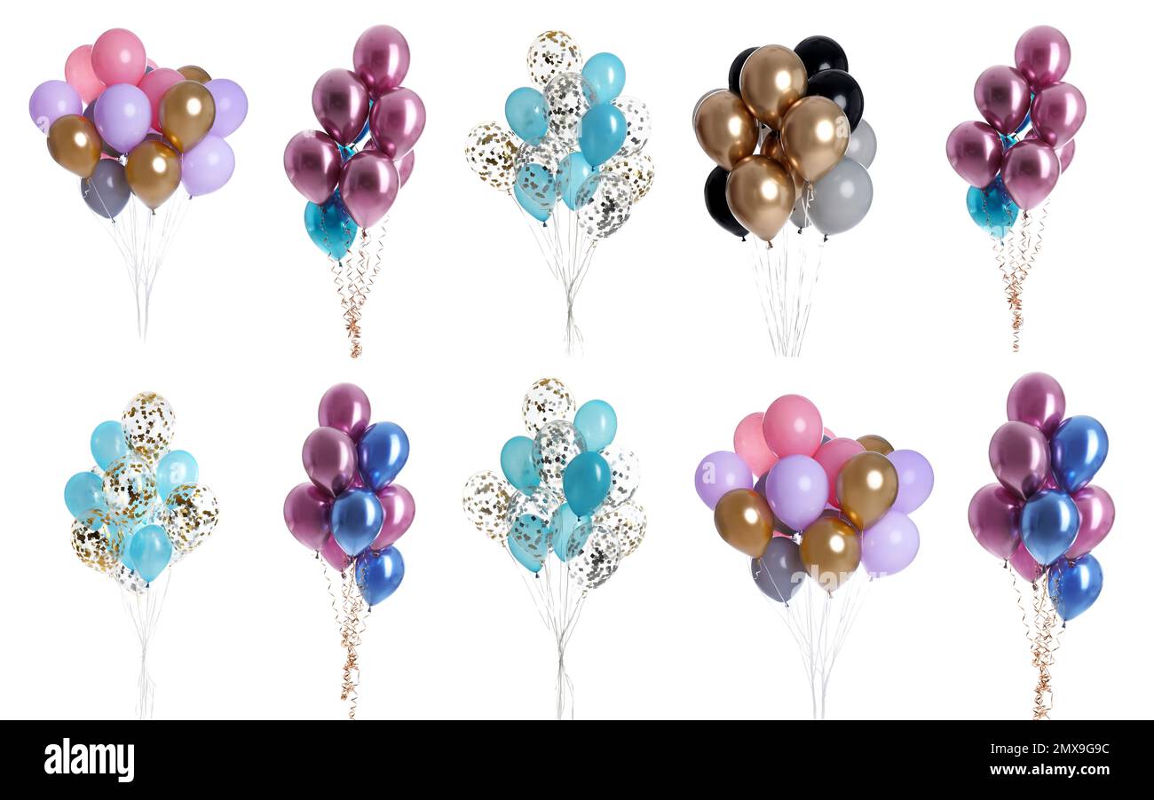 Set of different color balloons on white background Stock Photo - Alamy