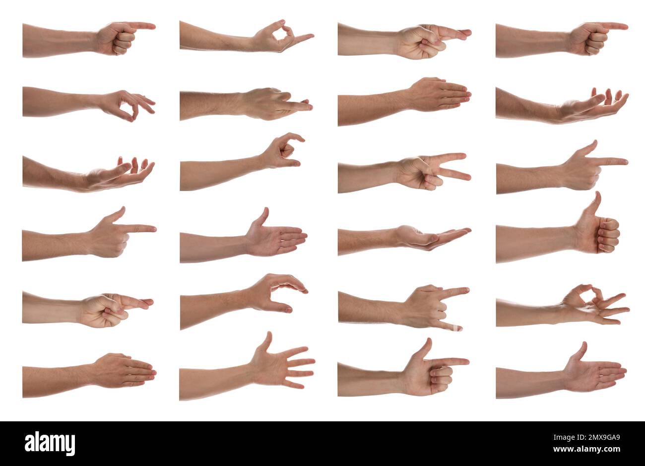 Collage with man showing different gestures on white background ...