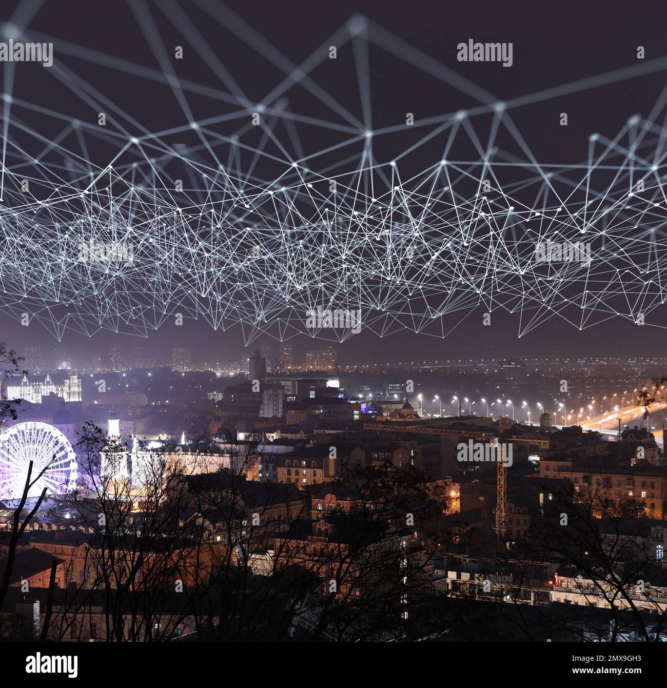 Modern city at night and radio network. Connection concept Stock Photo ...