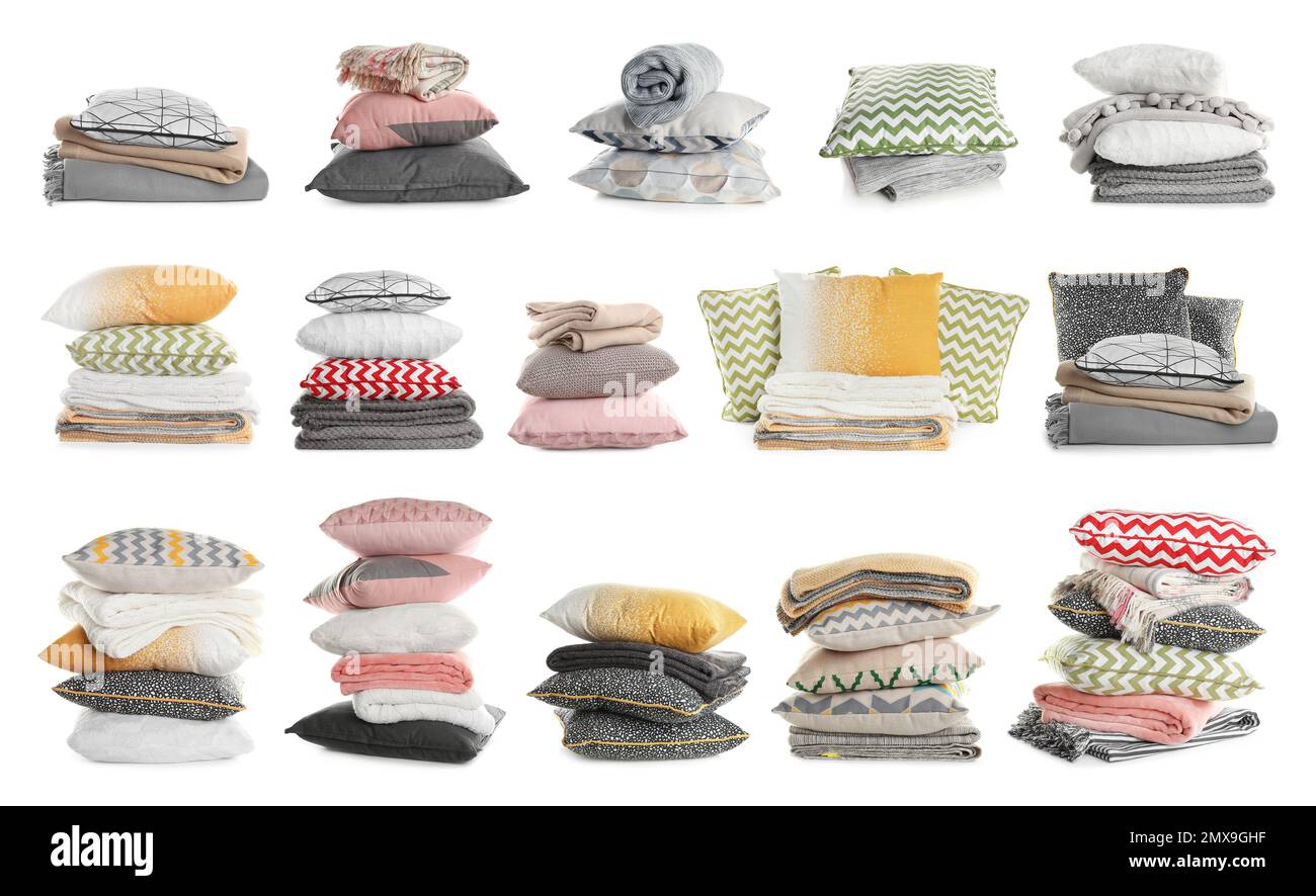 Set of different pillows on white background Stock Photo - Alamy