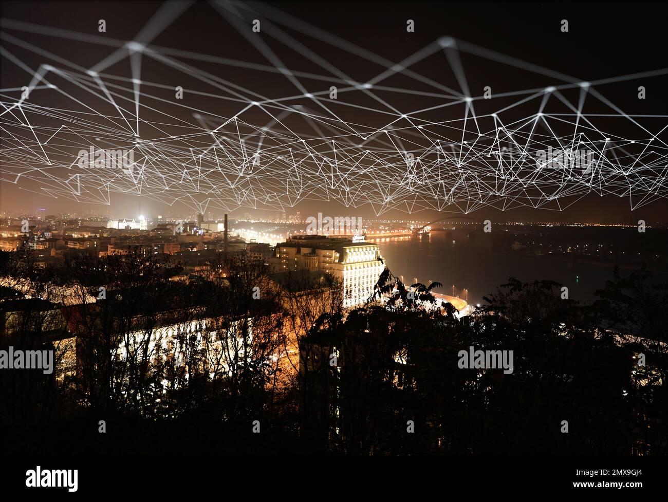 Modern city at night and radio network. Connection concept Stock Photo ...