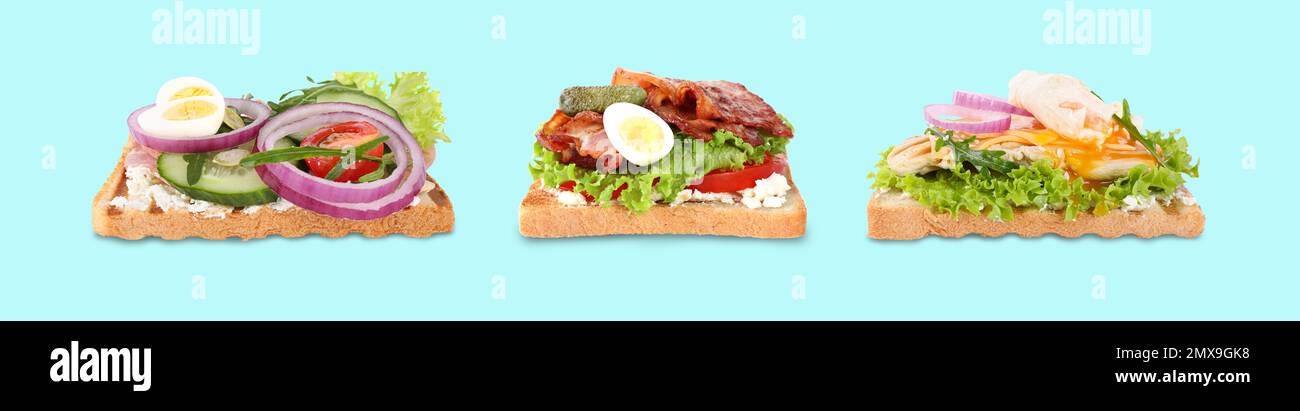 Set of different yummy sandwiches on light blue background. Banner ...