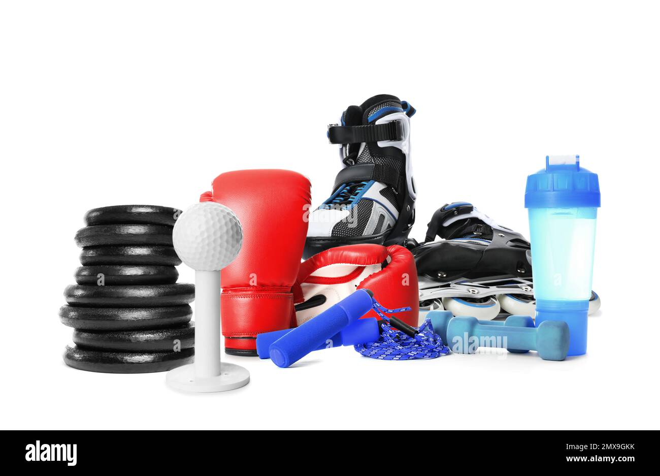 Set of different sport equipment on white background Stock Photo - Alamy