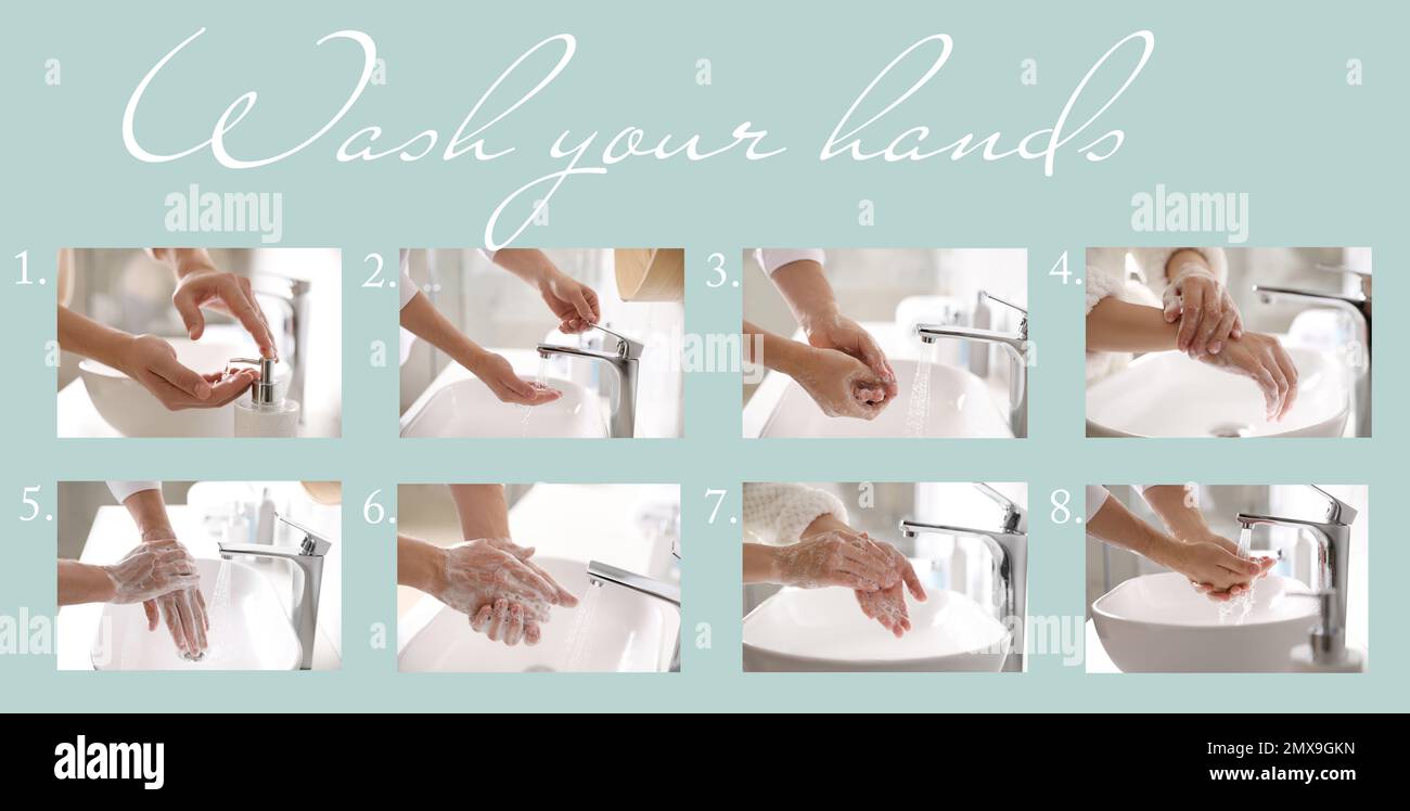 Steps of washing hands effectively. Collage with person over sink in ...