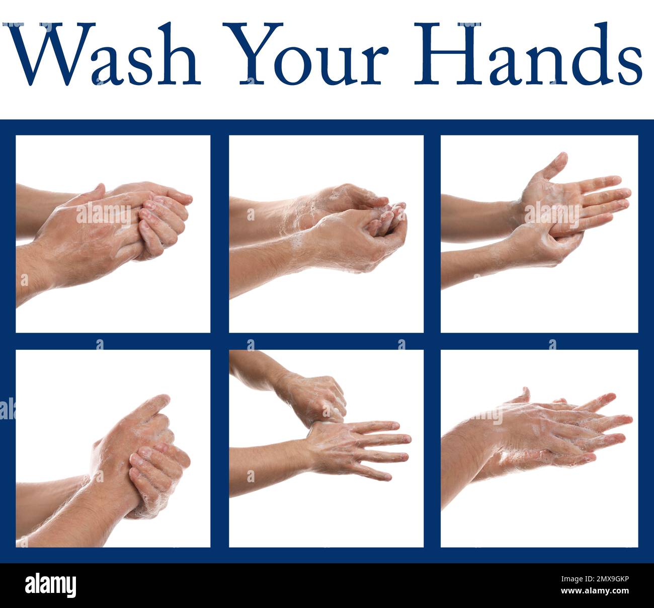 Steps of washing hands effectively. Collage with man on white ...