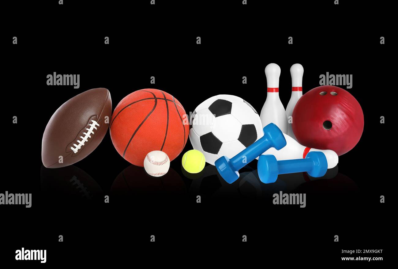 Set of different sport equipment on black background Stock Photo - Alamy
