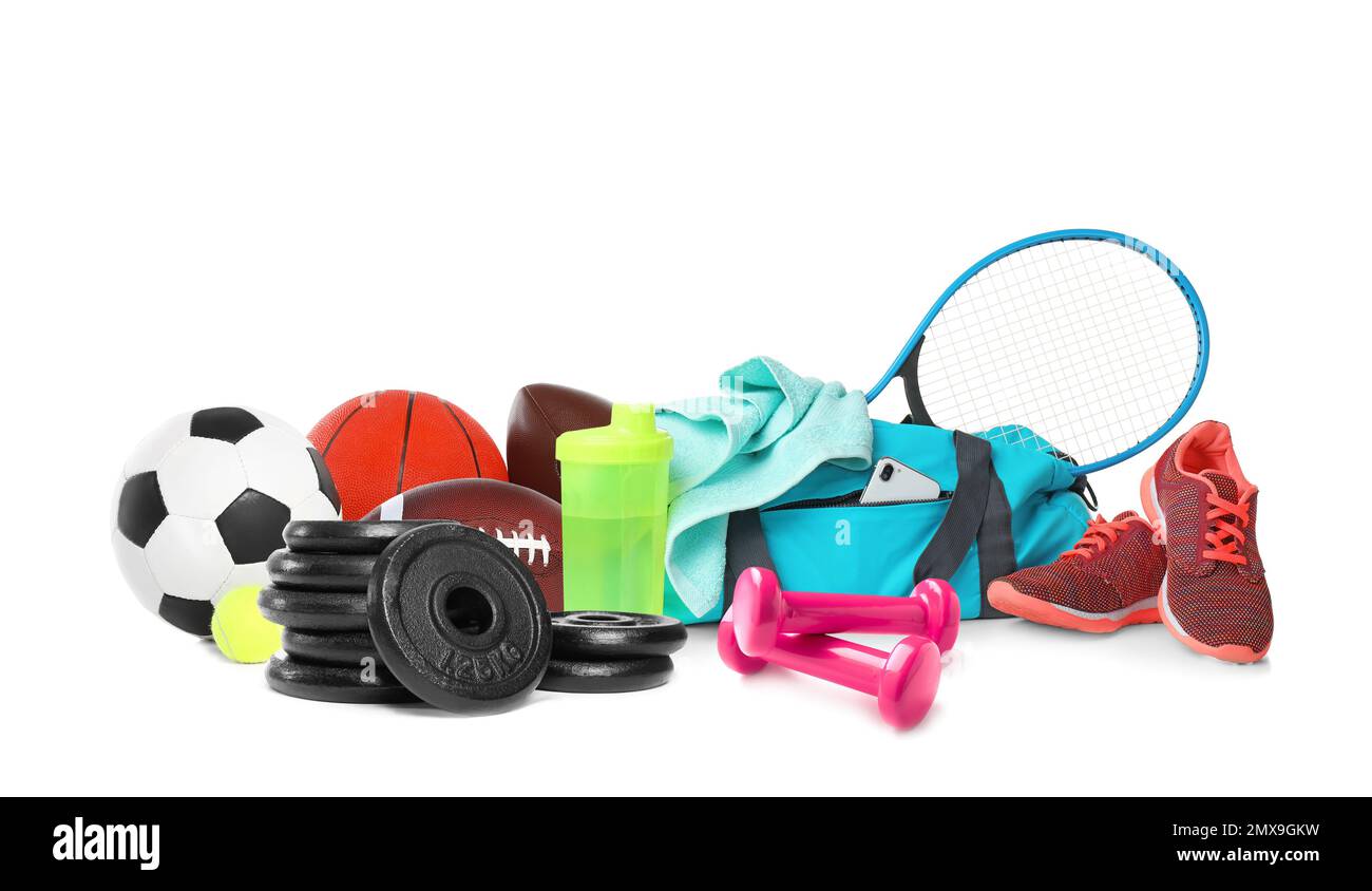 Set of different sport equipment on white background Stock Photo - Alamy