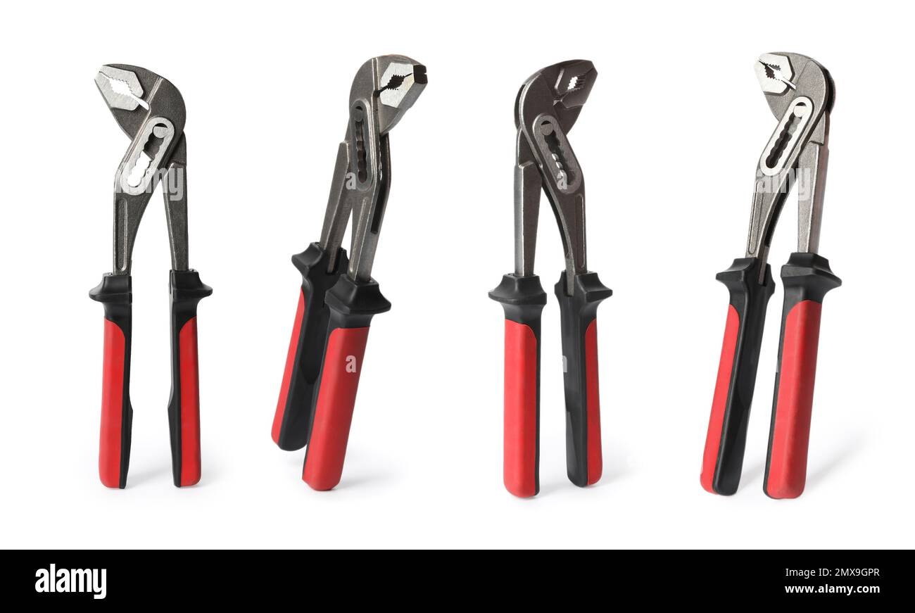 Set with adjustable pliers on white background. Construction tool Stock ...