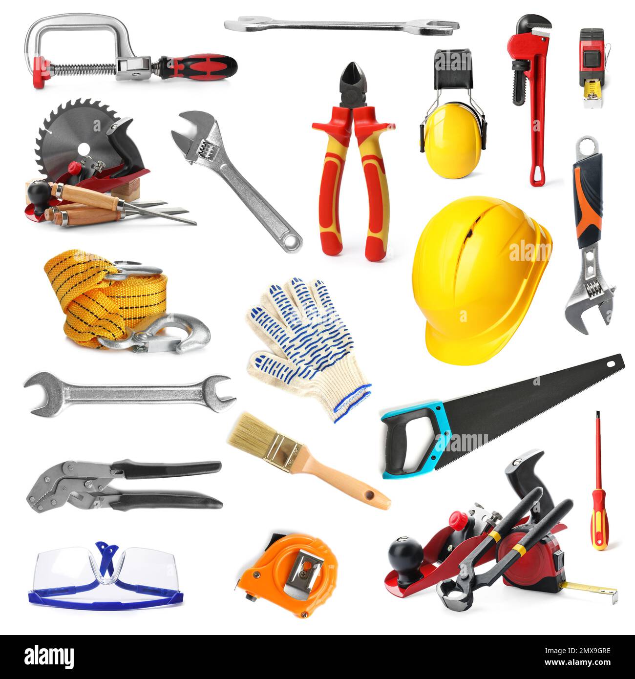 Set with different construction and carpenter tools on white background ...