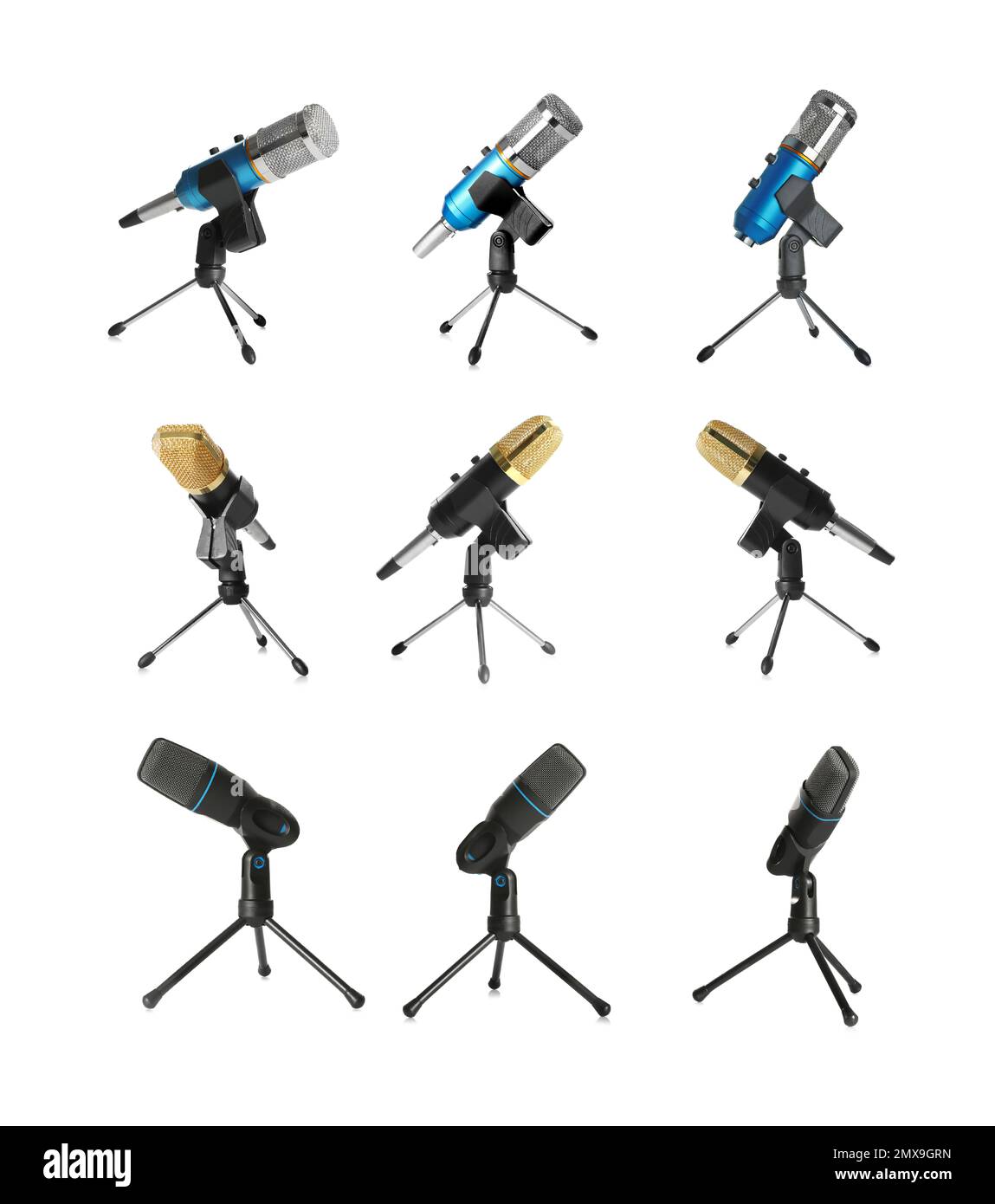 Set of different microphones on white background Stock Photo - Alamy