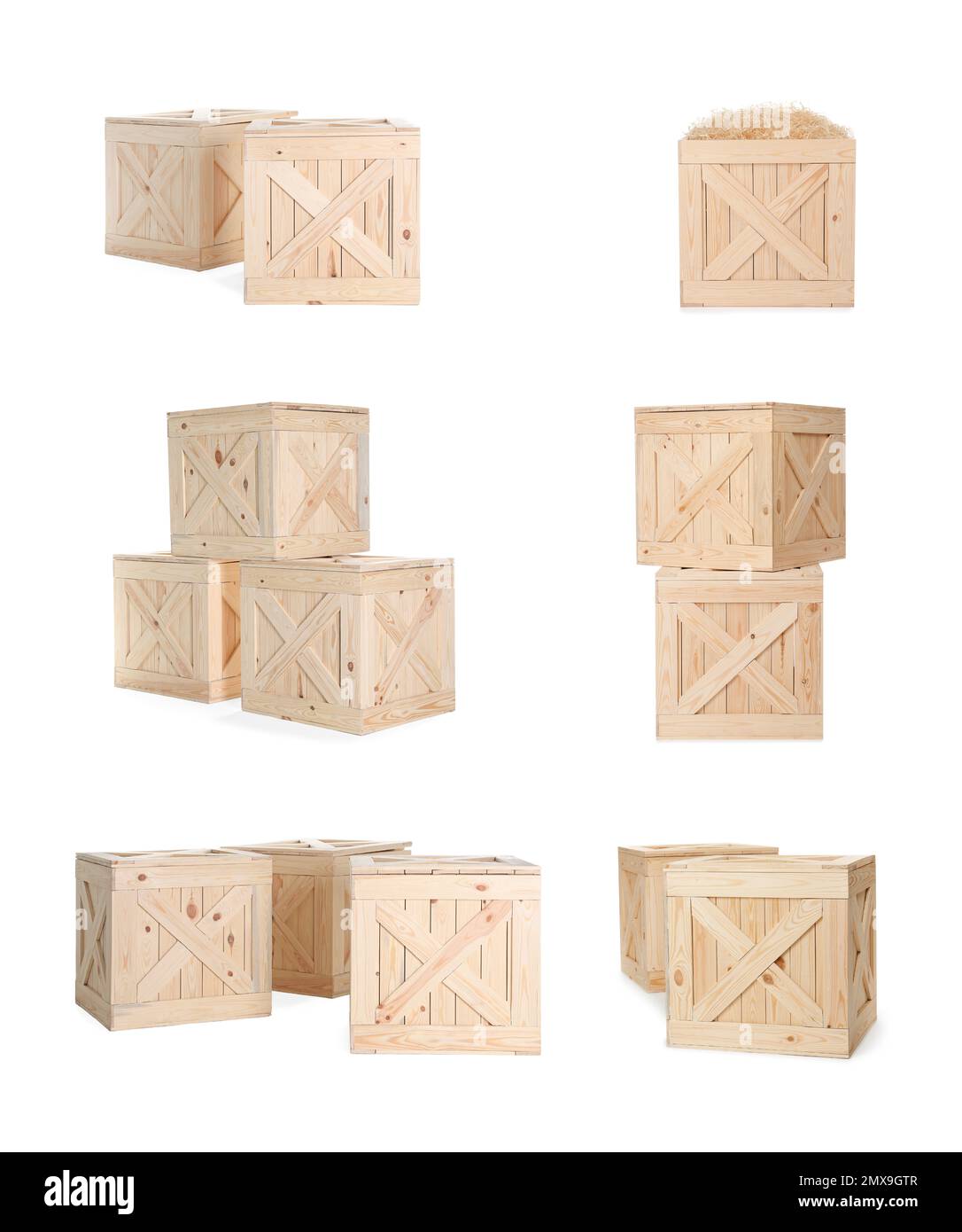 Set of new wooden crates on white background Stock Photo - Alamy