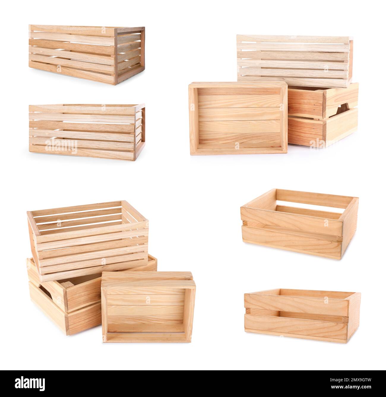Set of wooden crates on white background Stock Photo - Alamy