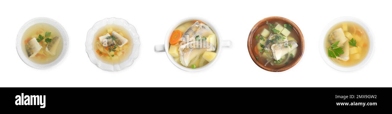 Set of delicious fish soup in bowls on white background, top view ...