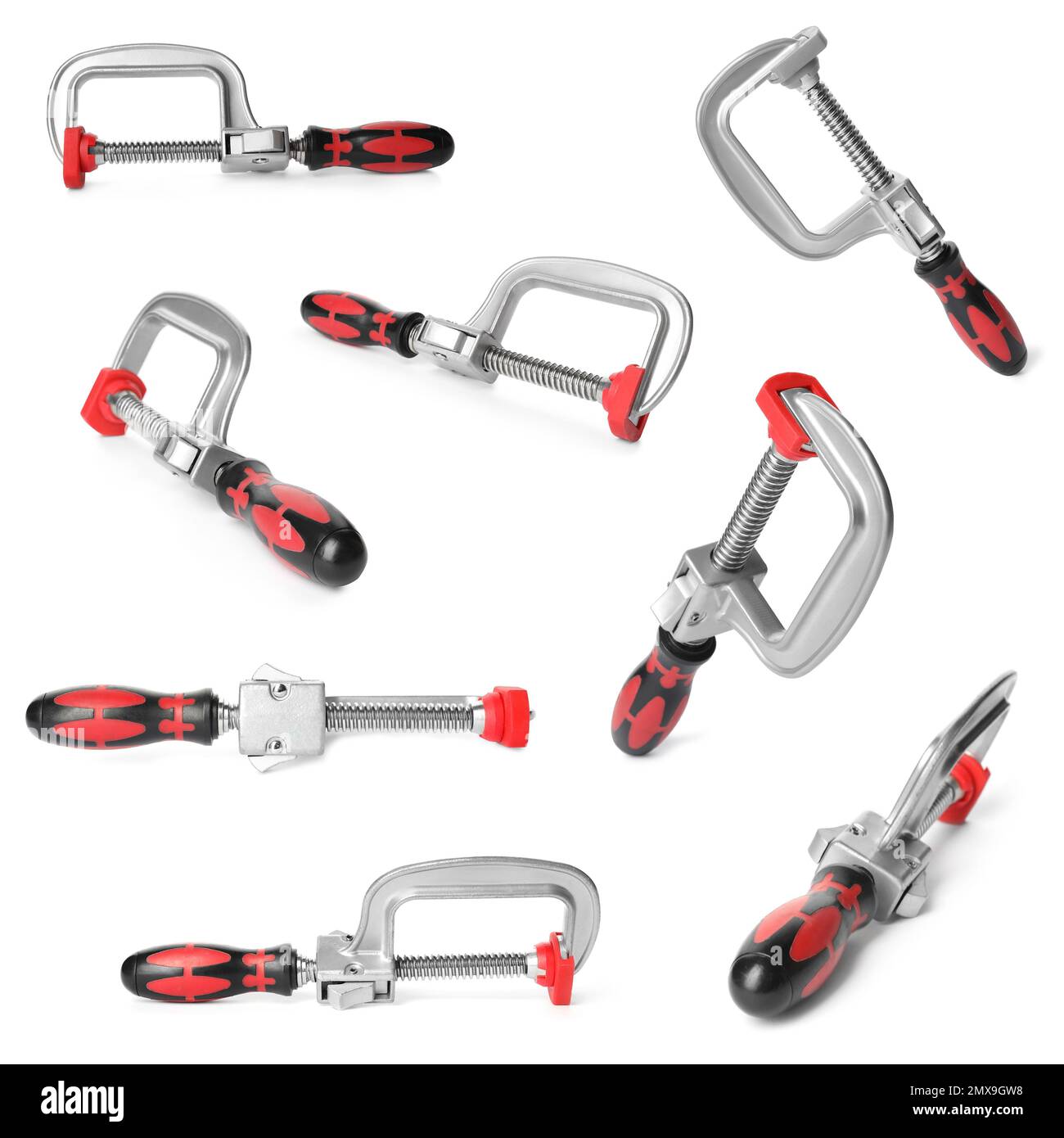 Set with new clamp on white background. Construction tool Stock Photo ...