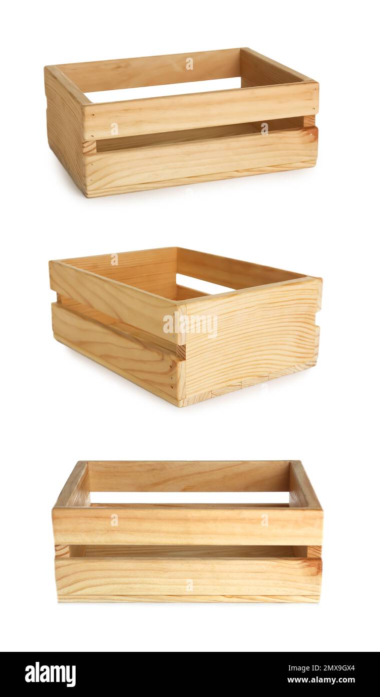 Set of wooden crates on white background Stock Photo - Alamy