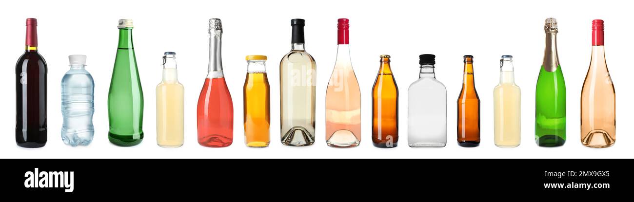 Set of bottles with different drinks on white background. Banner design ...