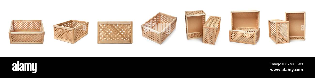 Set of wooden crates on white background. Banner design Stock Photo - Alamy