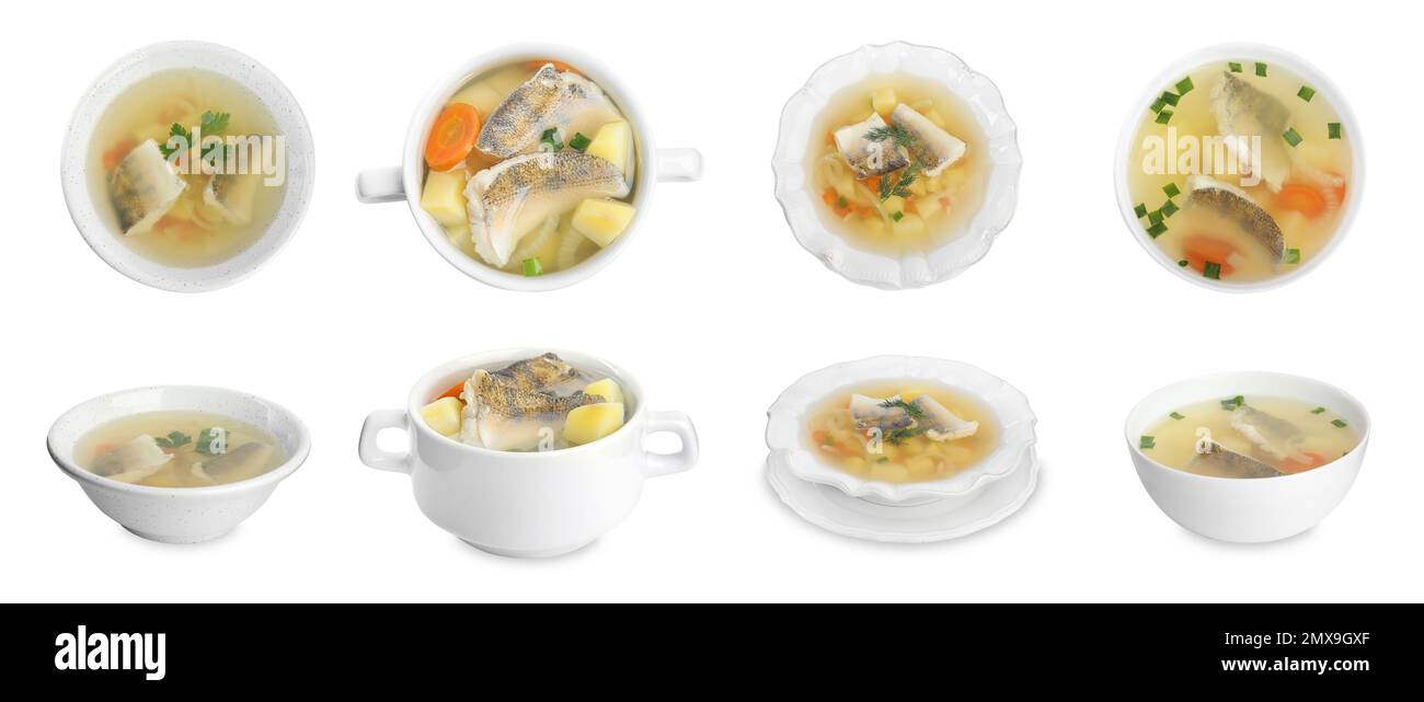 Set of delicious fish soup in bowls on white background. Banner design ...