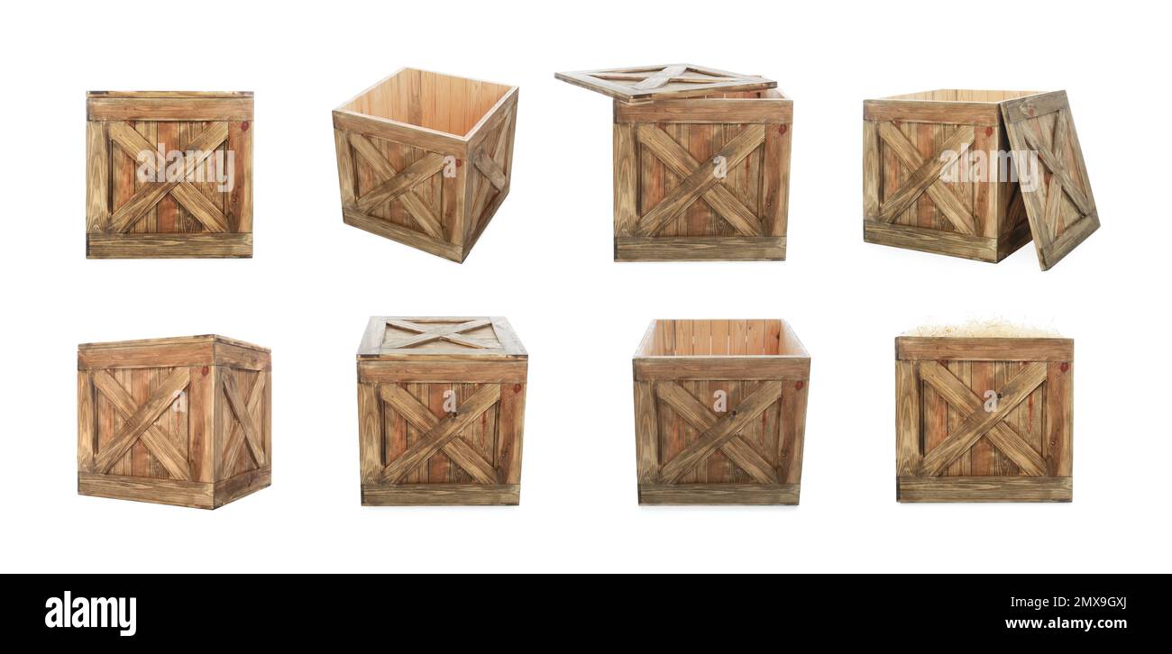 Set of old wooden crates on white background Stock Photo - Alamy