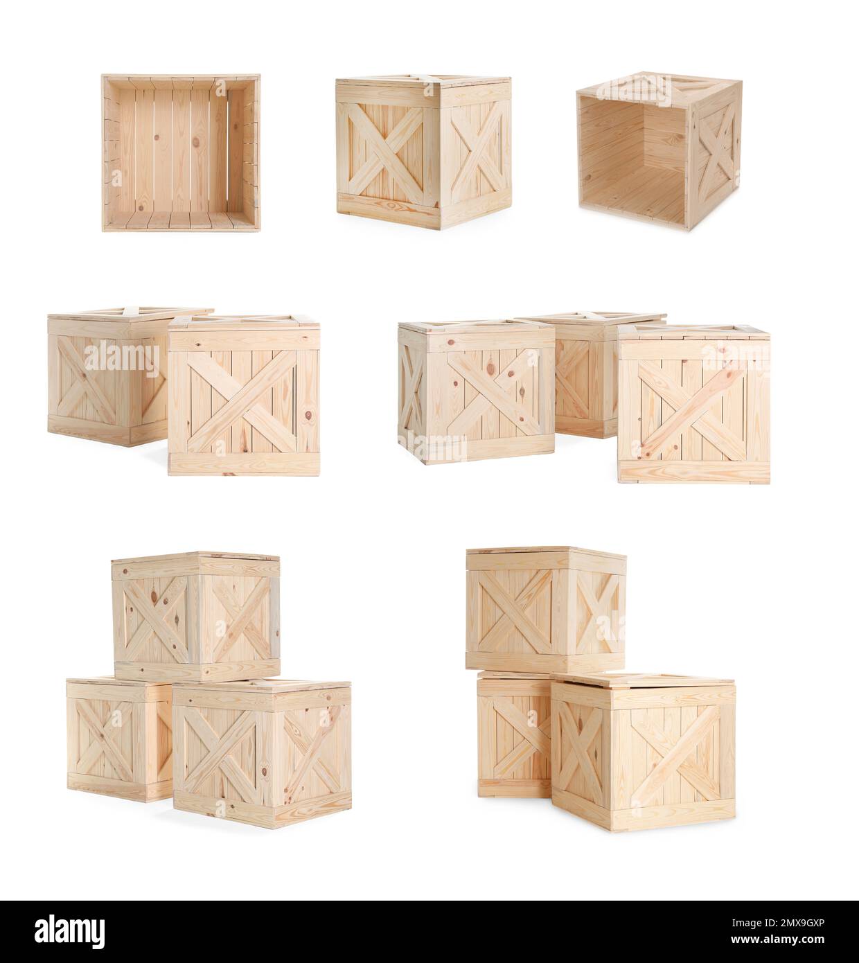 Set of new wooden crates on white background Stock Photo - Alamy