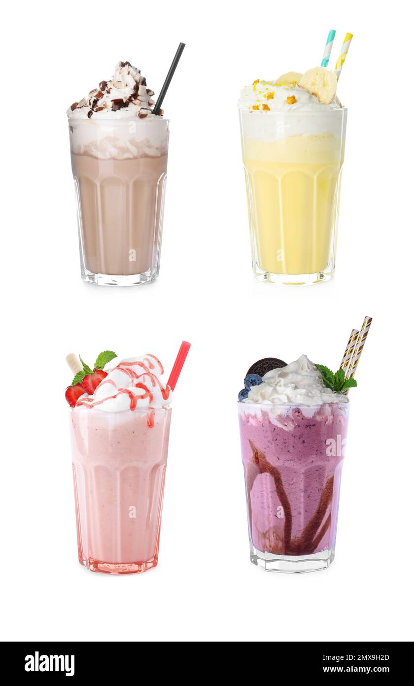 Set of glasses with different protein shakes on white background Stock ...